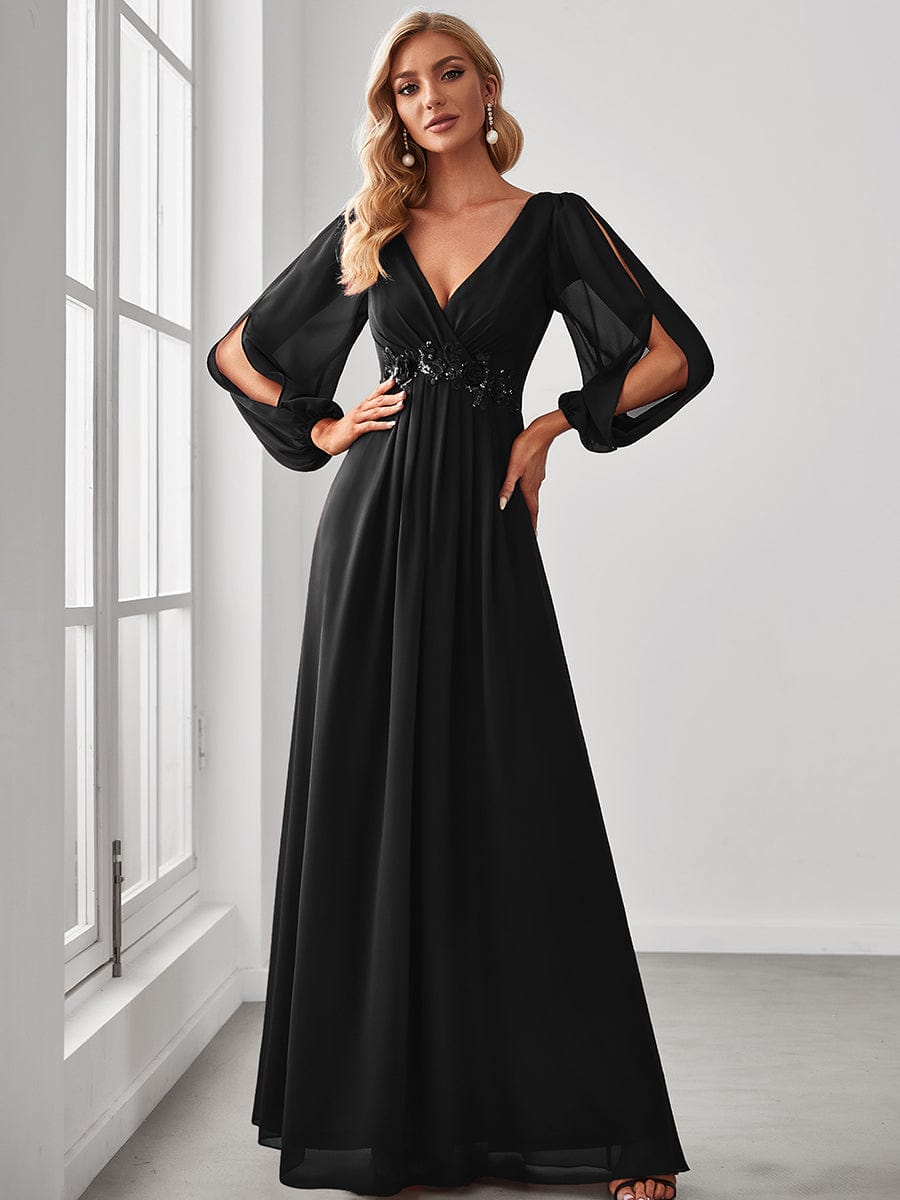 V-Neckline Long Sleeve Chiffon Formal Evening Dress - Ever Pretty AU