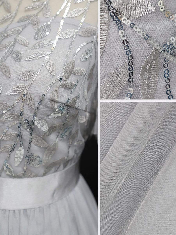 Sequin Bodice Ribbon Waist Mesh Prom Dress with Sleeves